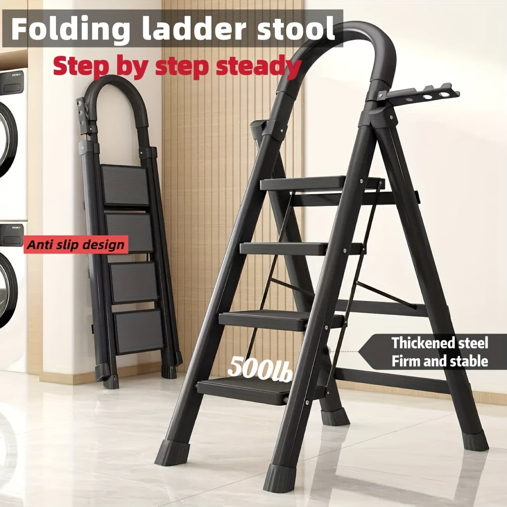 Heavy-Duty 3/4/5-Step Folding Ladder - 500lb Capacity, Anti-Slip Pedals ...
