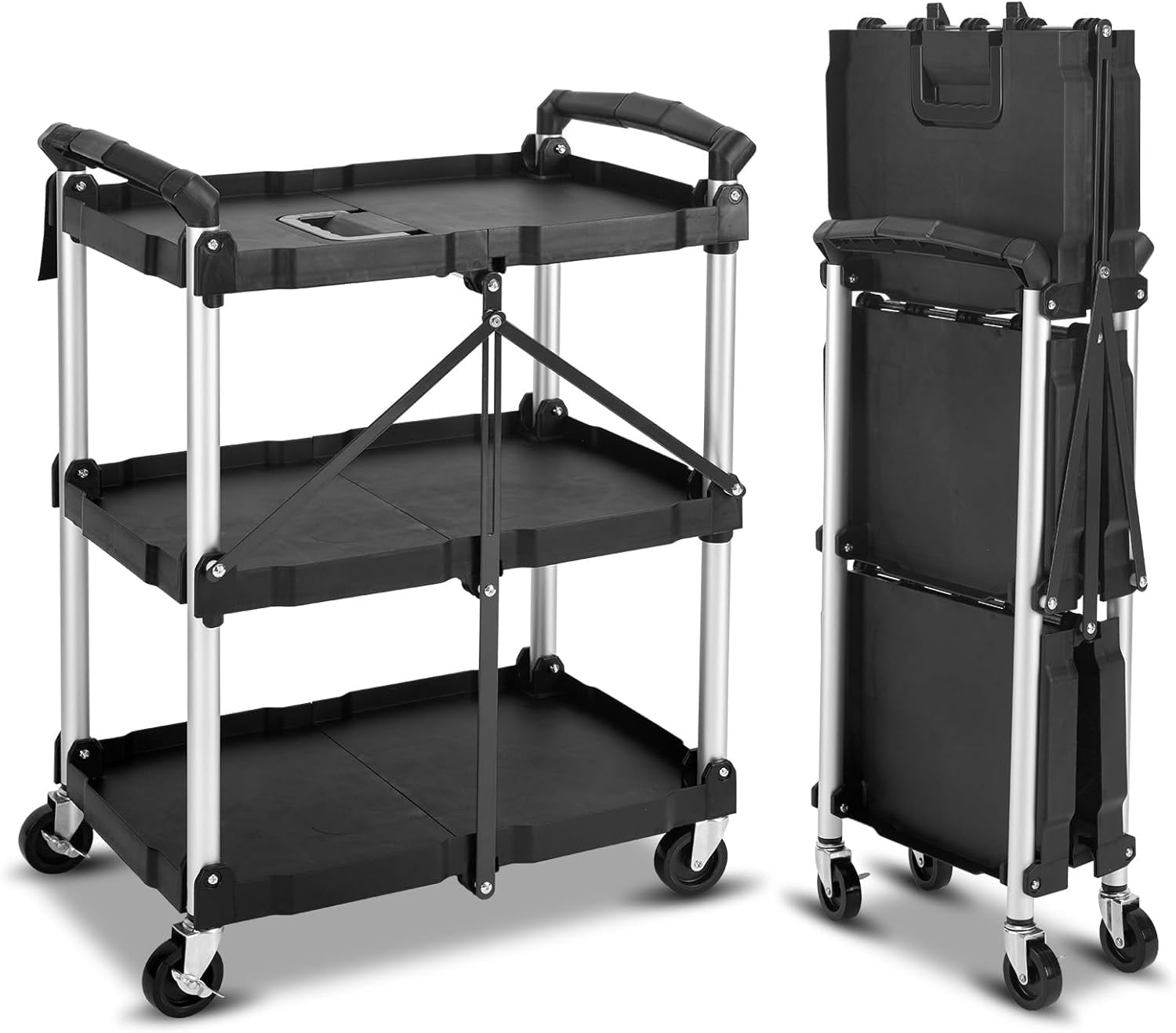 Heavy Duty 3-Tier Collapsible Rolling Cart, Folding Utility Cart ...