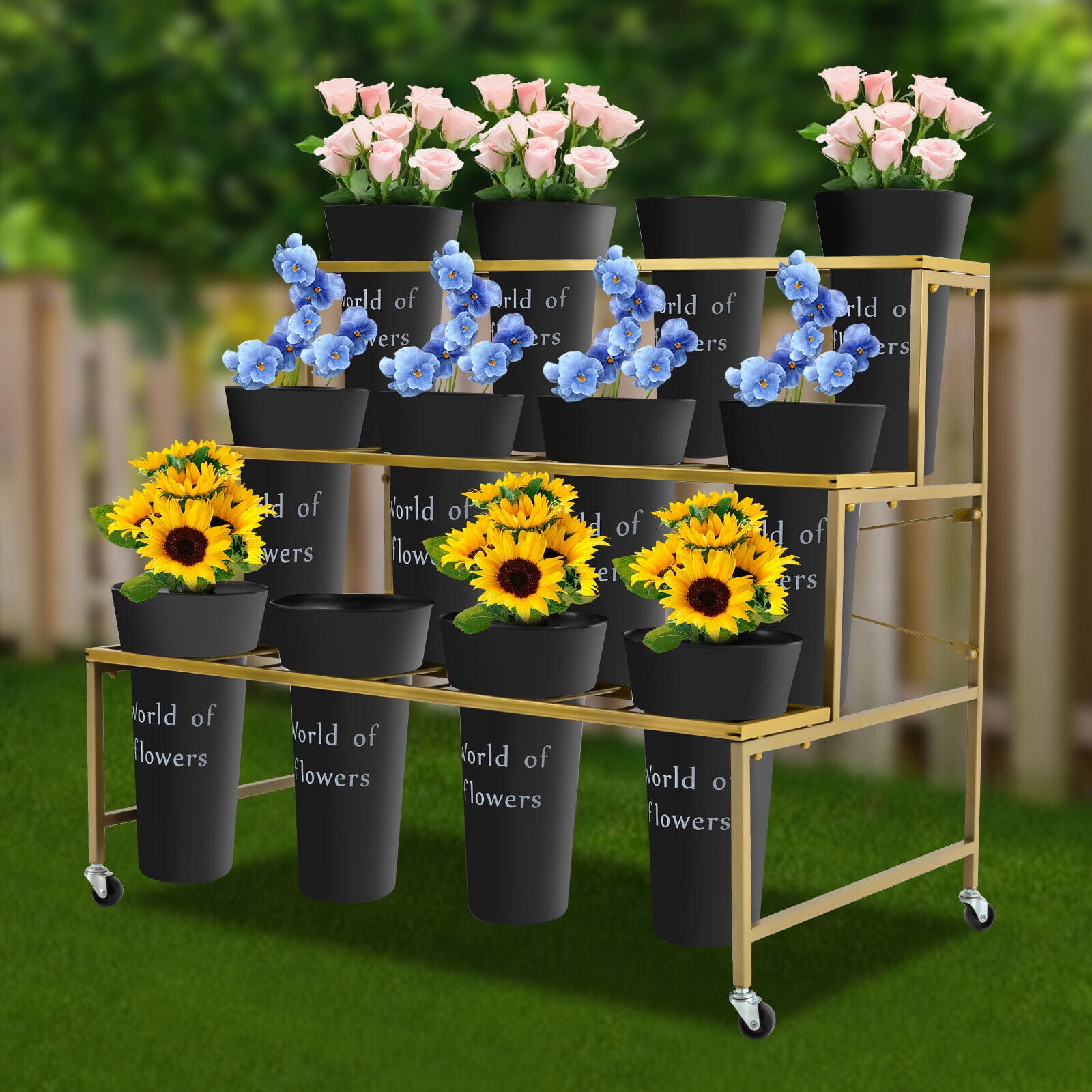 Heavy Duty 3 Tier Moving Shelf Plant Stand Metal Flower Display Rack ...