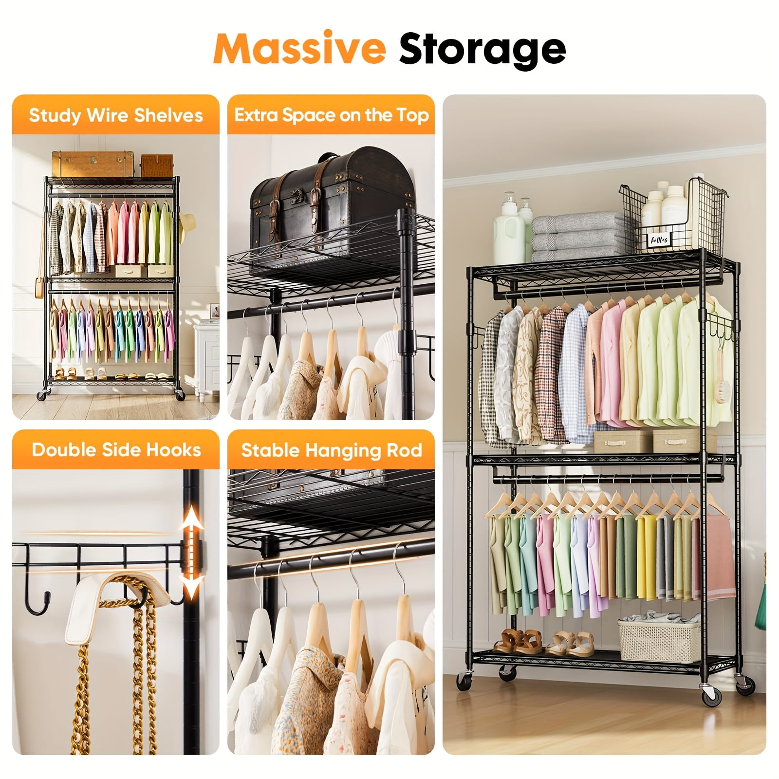 Heavy-Duty 3-Tier Rolling Clothes Rack - Carbon Steel Frame with 4 ...