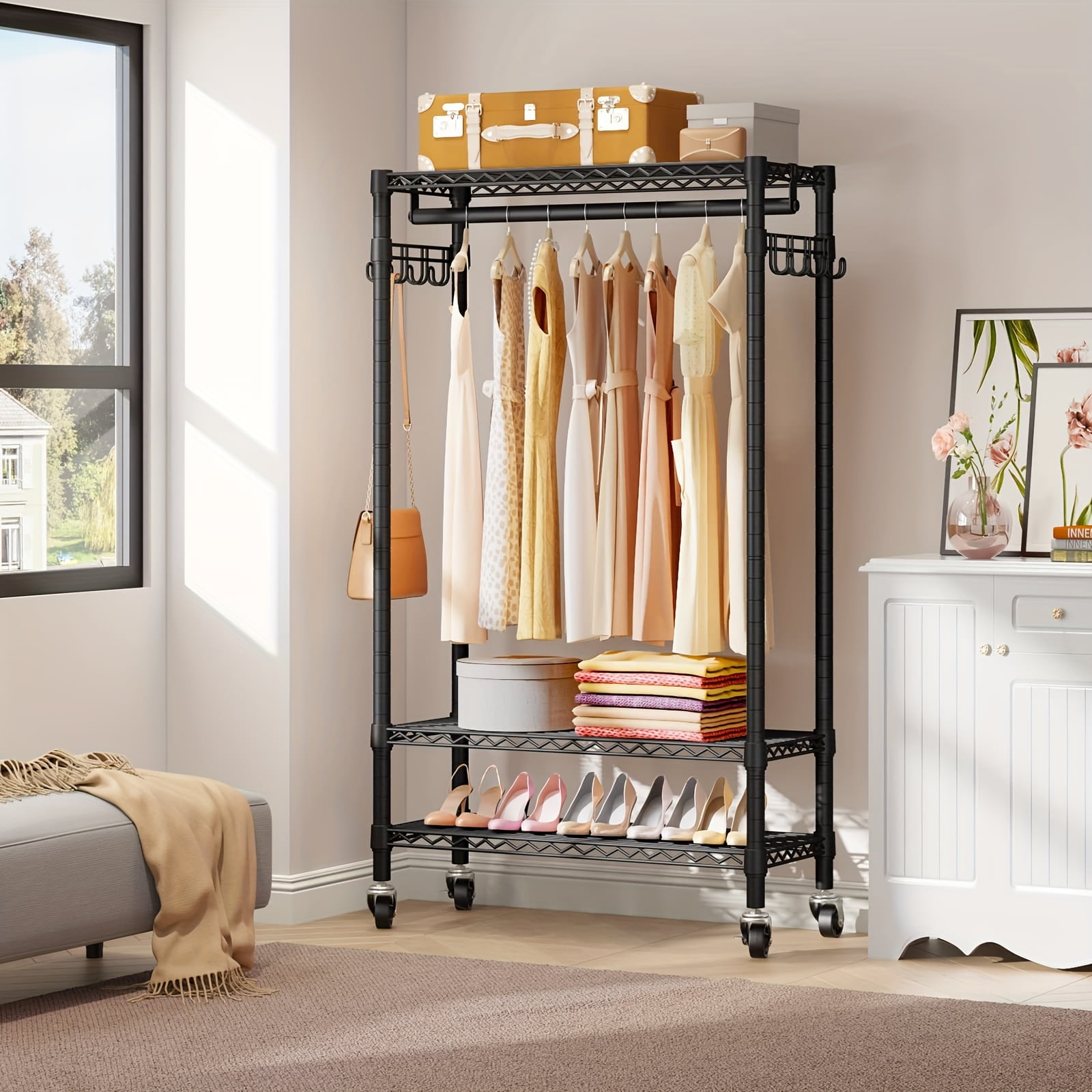 Heavy-Duty 3-Tier Rolling Garment Rack with Dust Cover - Carbon Steel ...