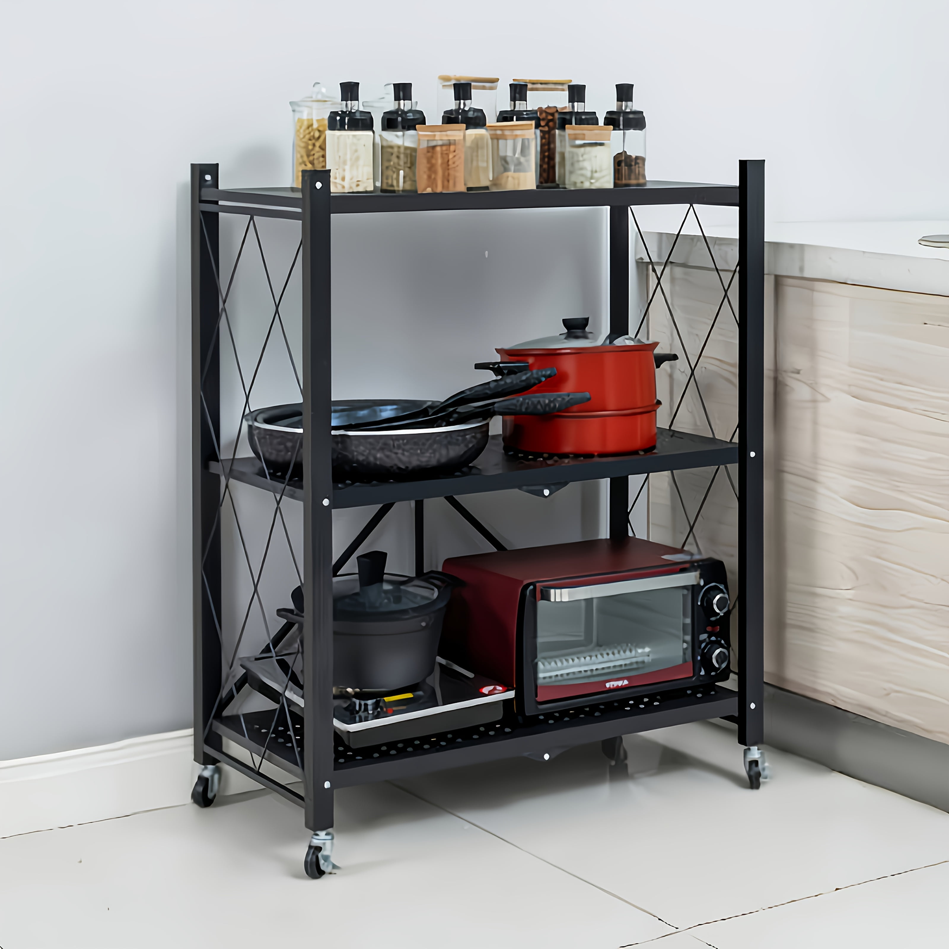 Heavy-Duty 3-Tier Rolling Kitchen Cart with Locking Wheels, Mobile ...
