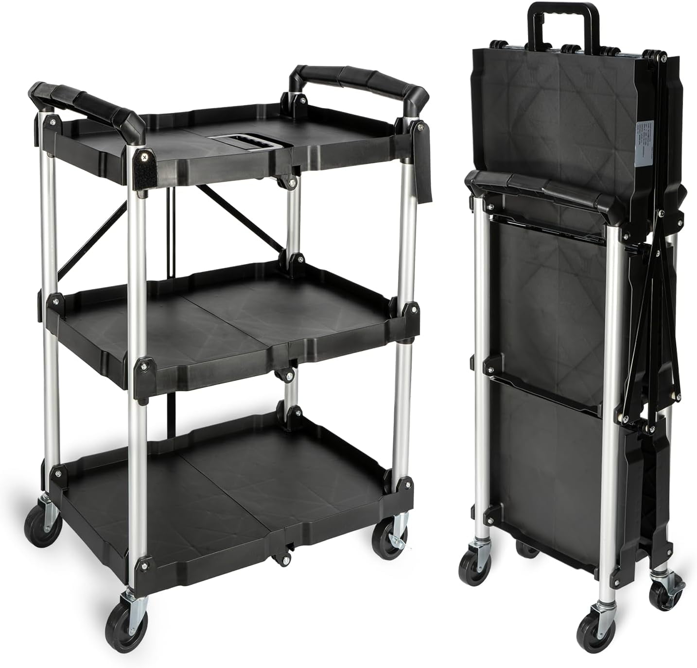 Heavy Duty 3-Tier Rolling Utility Cart, Foldable & Easy Clean, Lockable ...