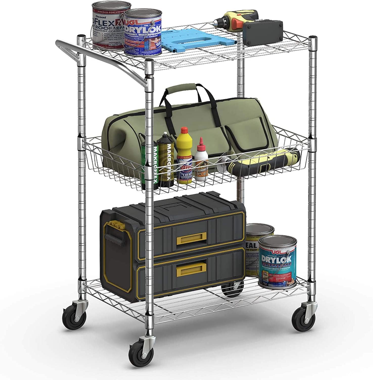 Heavy Duty 3-Tier Rolling Utility Cart, NAFORT Steel Wire Organization ...