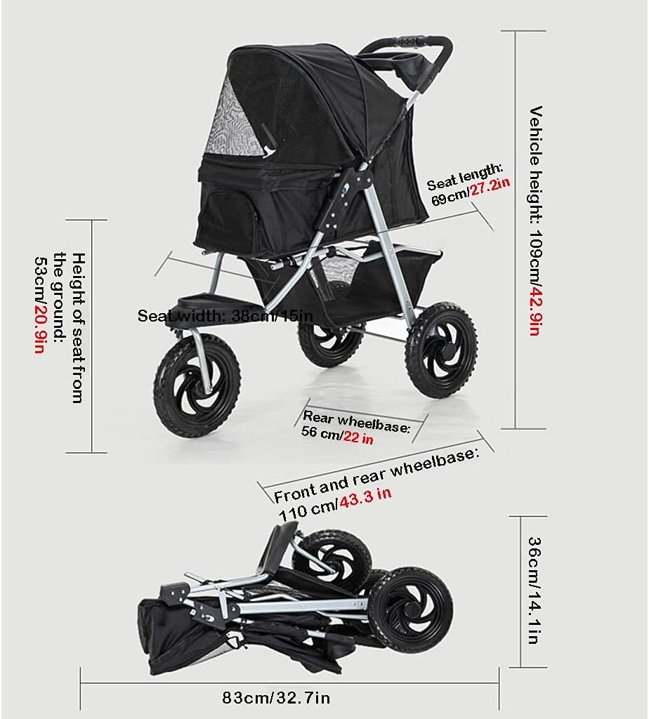 Heavy Duty 3 Wheel Pet Stroller for Small/Medium Dogs & Cats, Easy Fold ...
