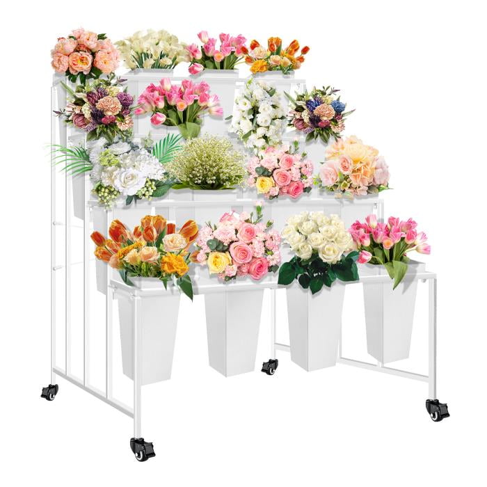 Heavy-Duty 4-Layer Floral Bar Stand with 4 Wheels, 16 Flower Buckets ...