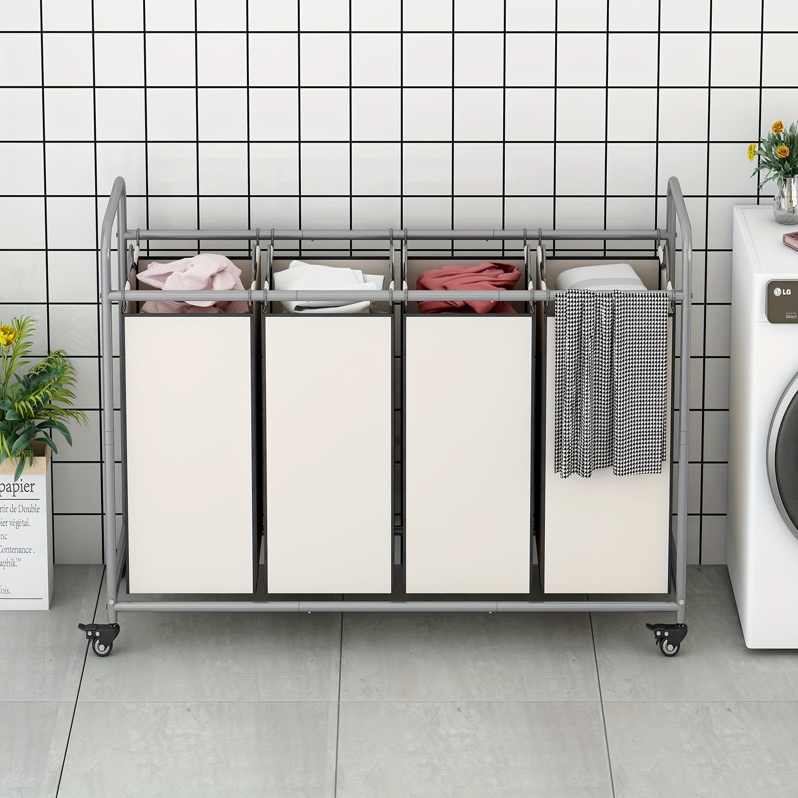 Heavy-Duty 4-Section Laundry Cart with Removable Bags & Locking Wheels ...