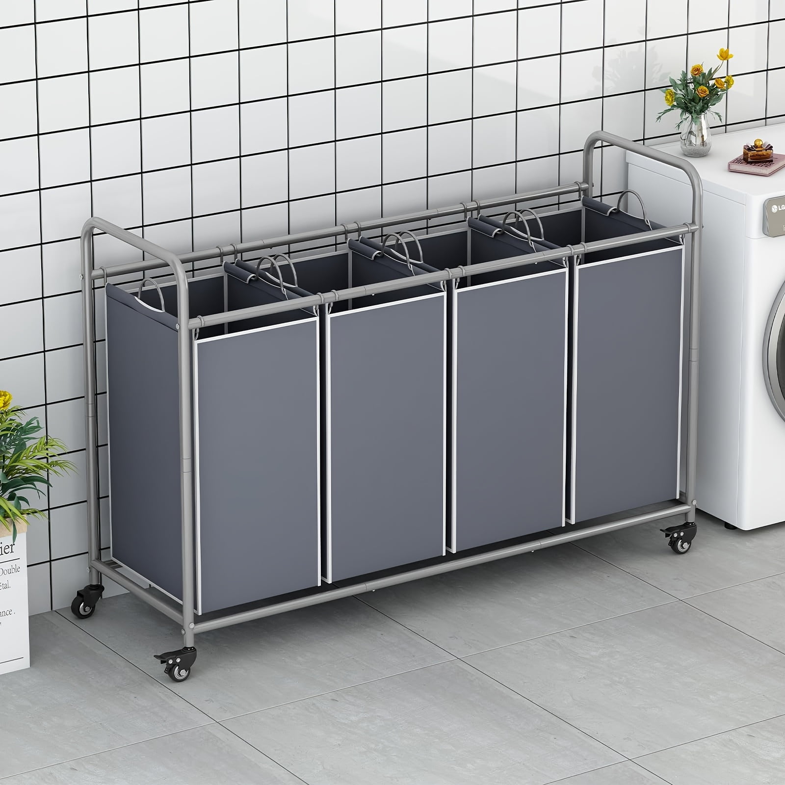 Heavy-Duty 4-Section Laundry Cart with Removable Bags & Locking Wheels ...