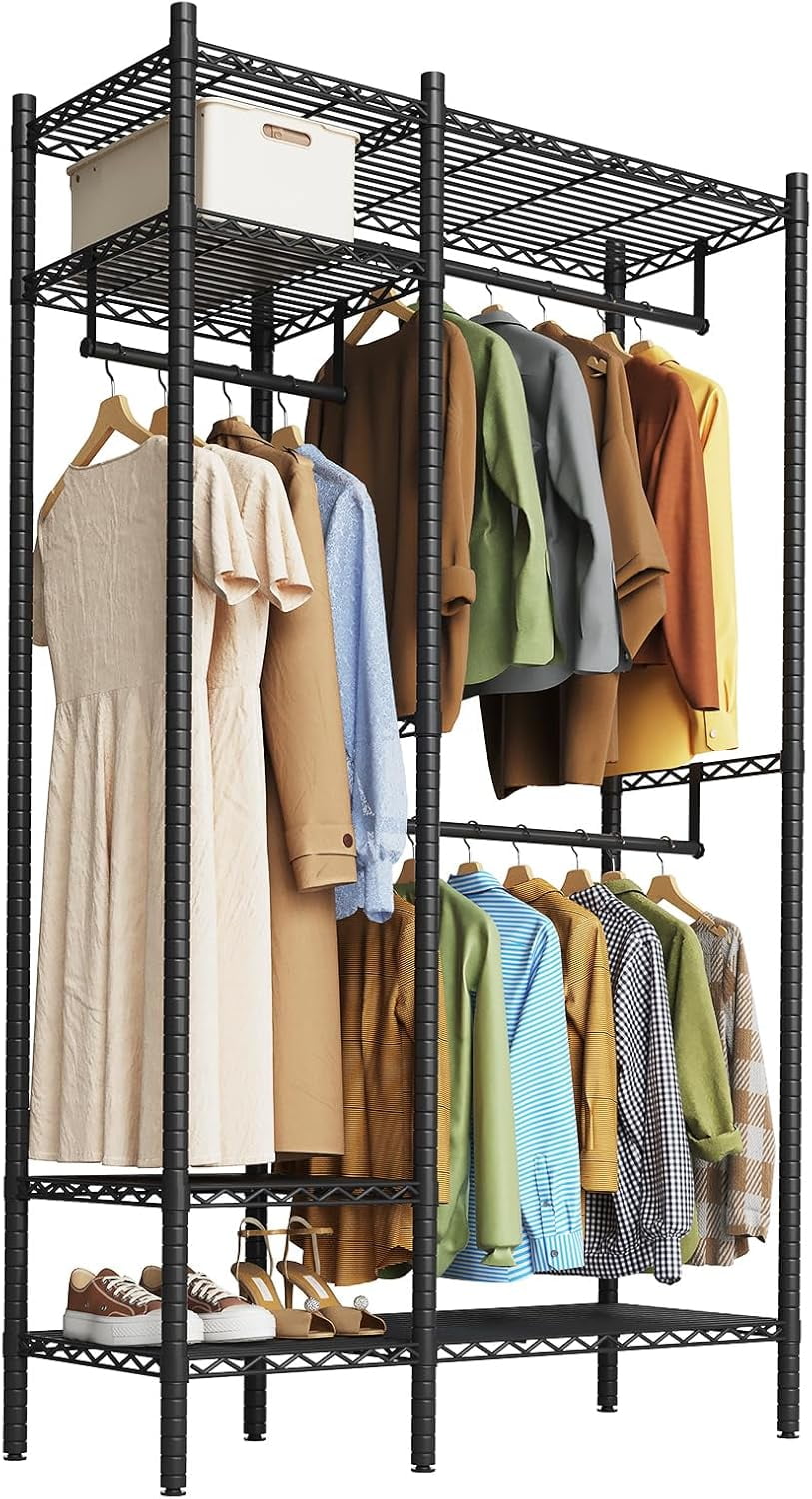 Heavy-Duty 4-Tier Clothing Rack with Shelves, Freestanding Portable ...