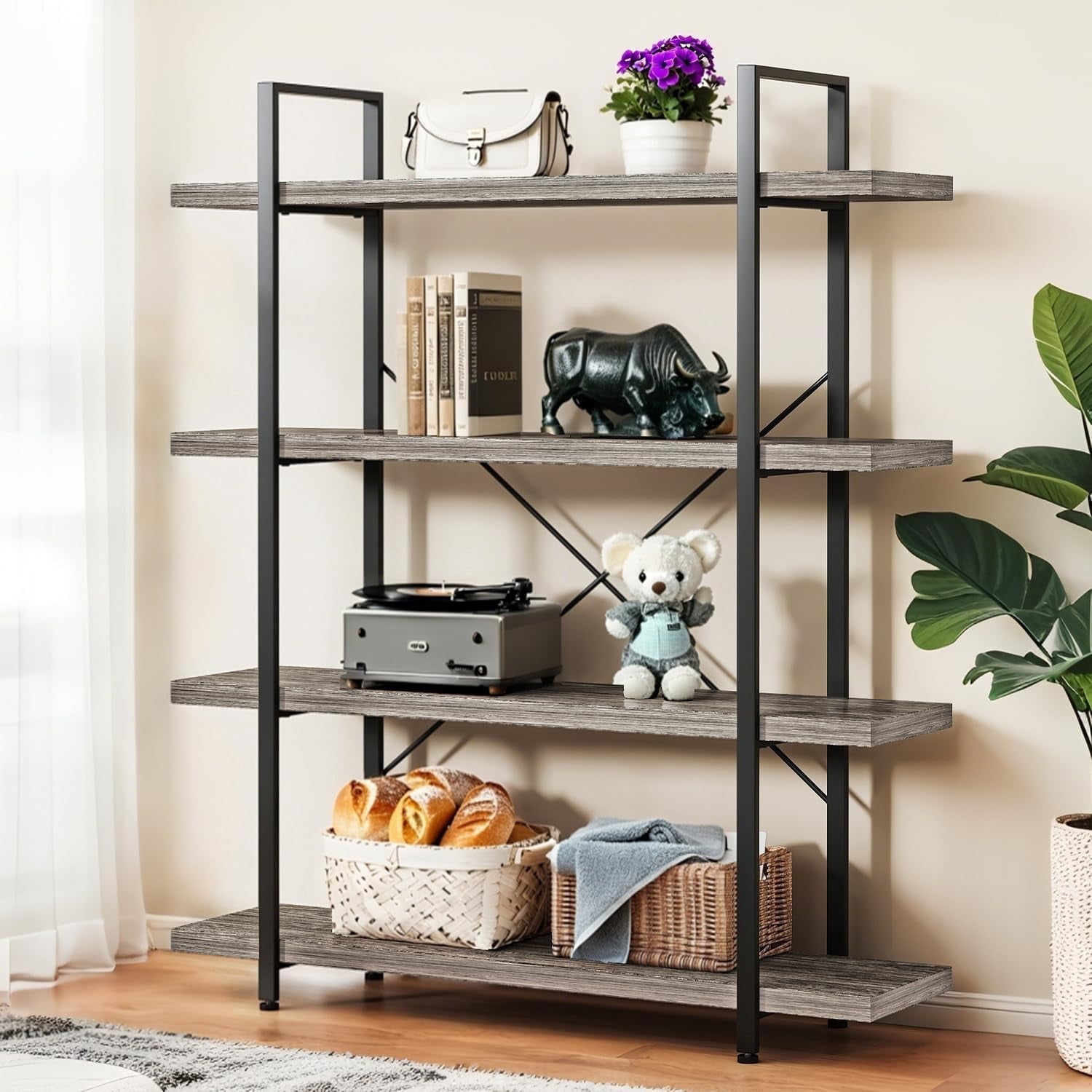 Heavy Duty 4-Tier Industrial Bookcase, 47" Wide Wood Bookshelf for Home ...