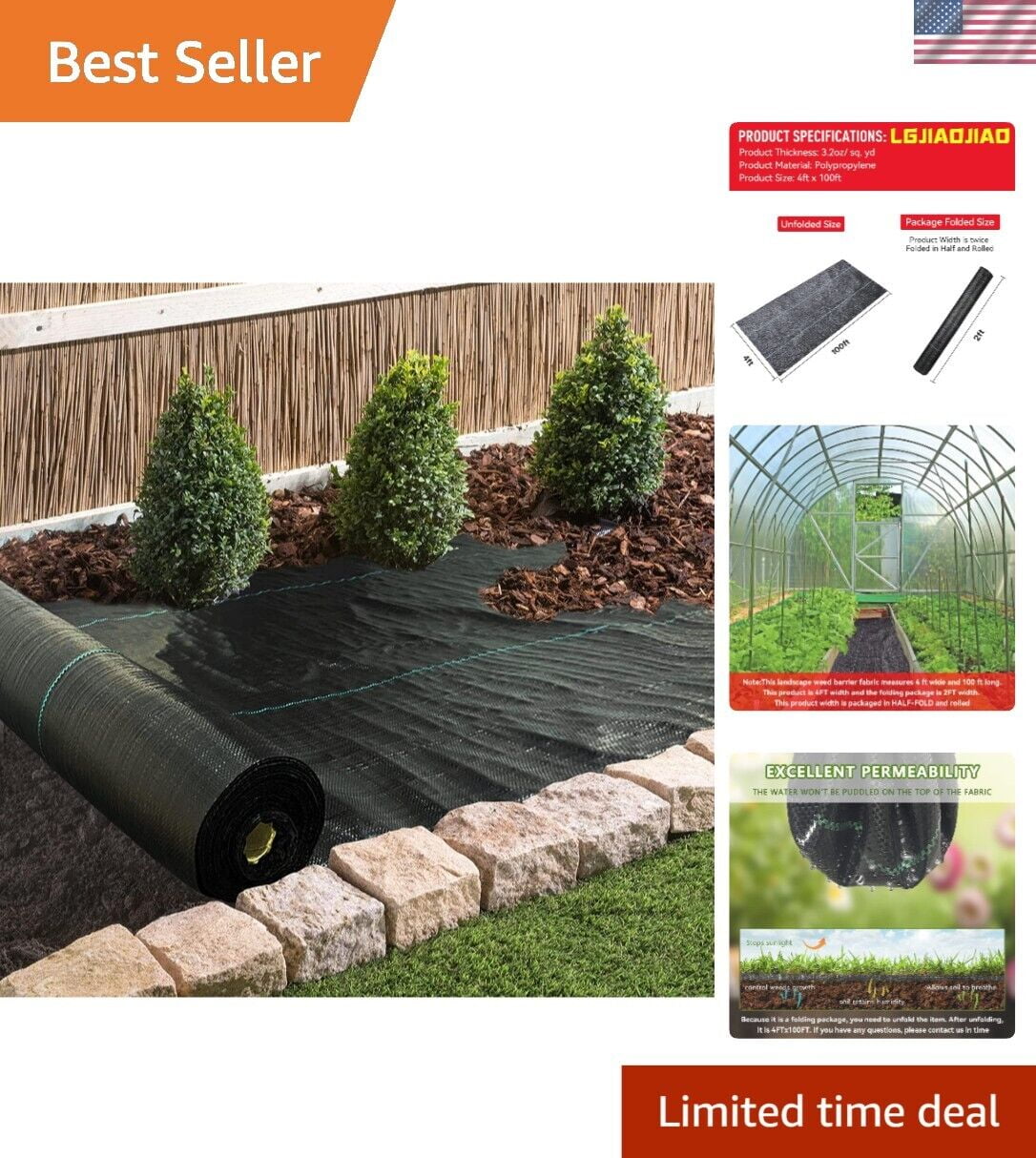Heavy-Duty 4ft x 100ft Weed Barrier Landscape Fabric - Durable Weed ...