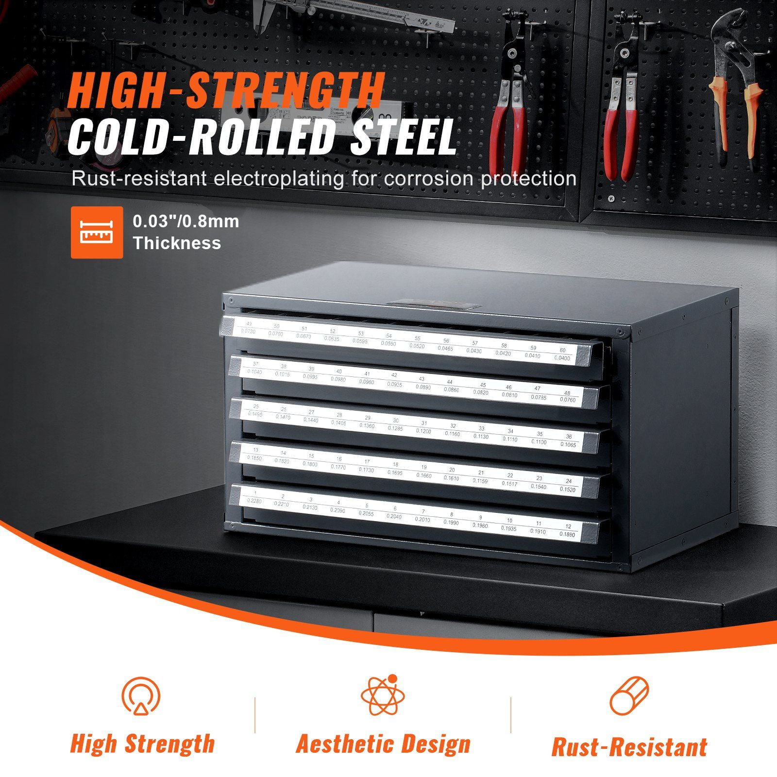Heavy-Duty 5-Drawer Drill Bit Organizer - Stackable Cabinet for 33/64 ...