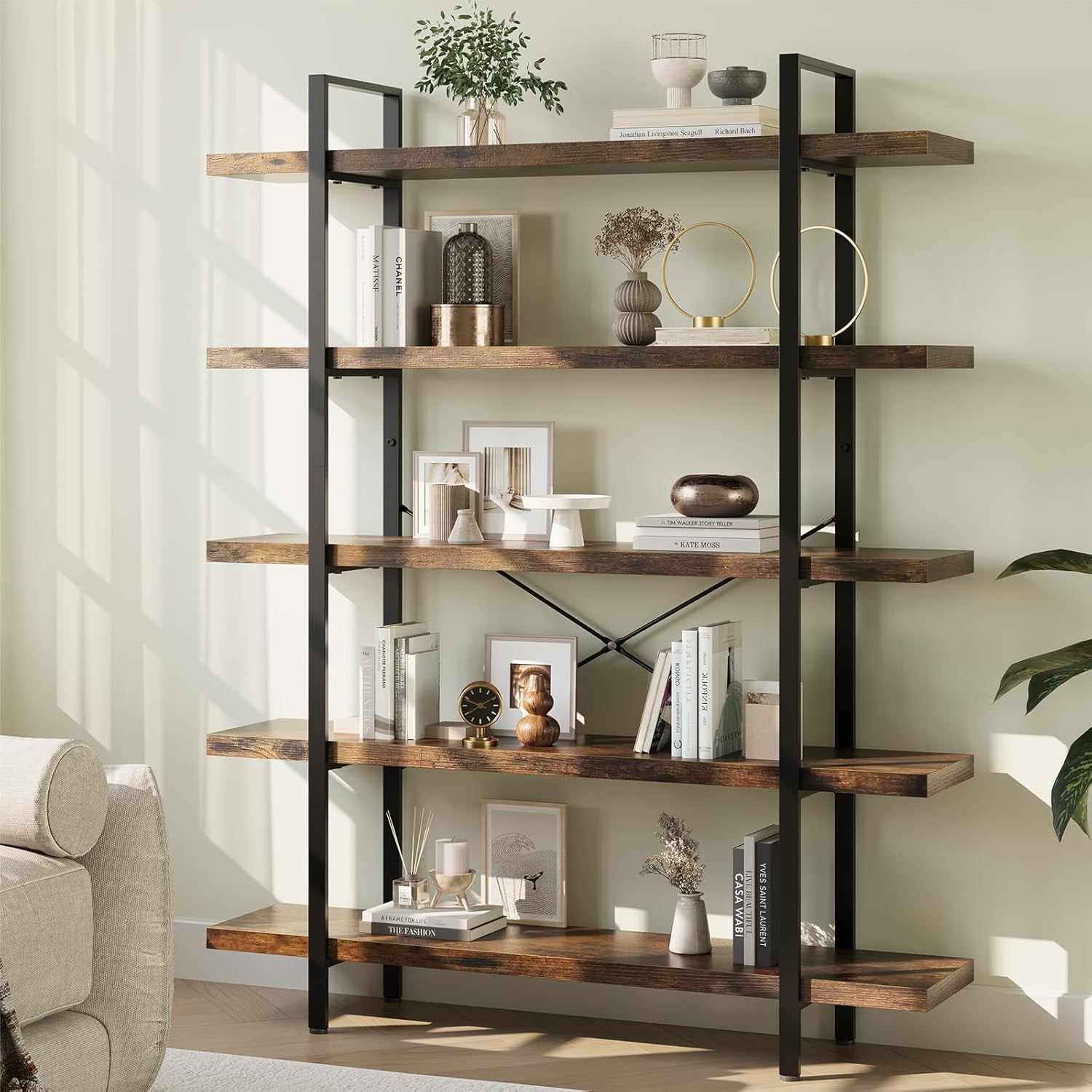 Heavy Duty 5-Tier Industrial Bookcase, 47" Wide Wood Bookshelf for Home ...