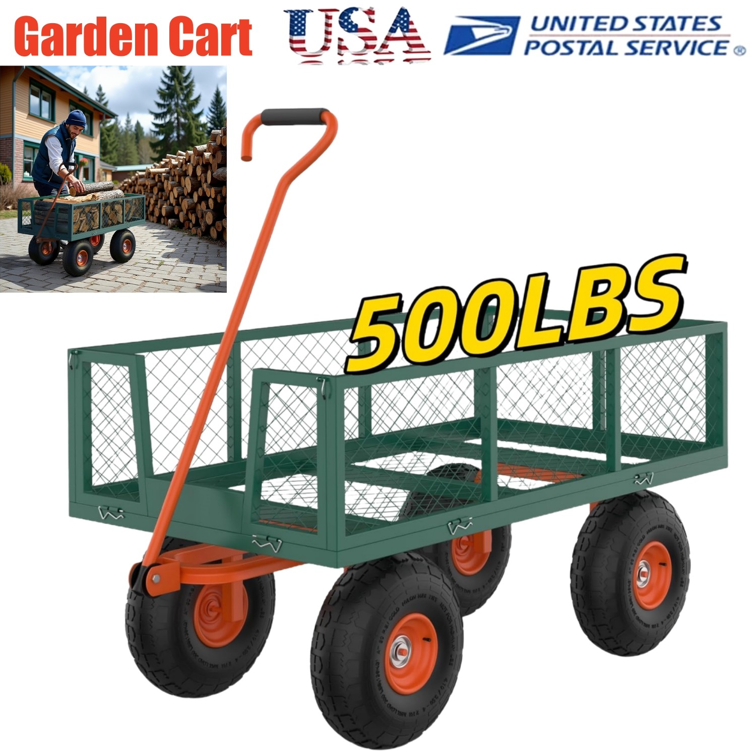 Heavy Duty 500Lbs Garden Cart Utility Wagon 180° Handle 10" Tire ...