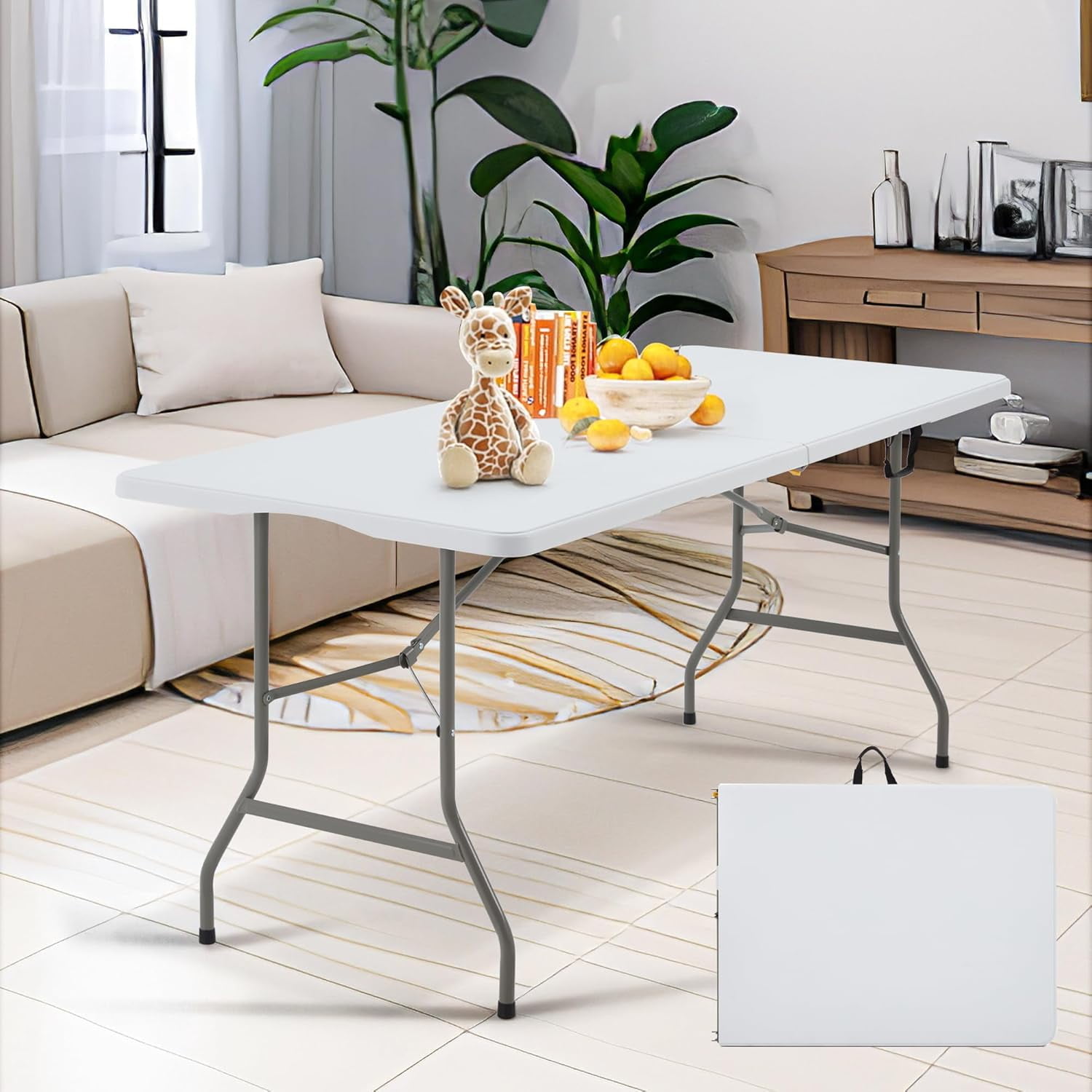 Heavy-Duty 6ft Folding Table with Handle, Portable Plastic 6 Foot ...
