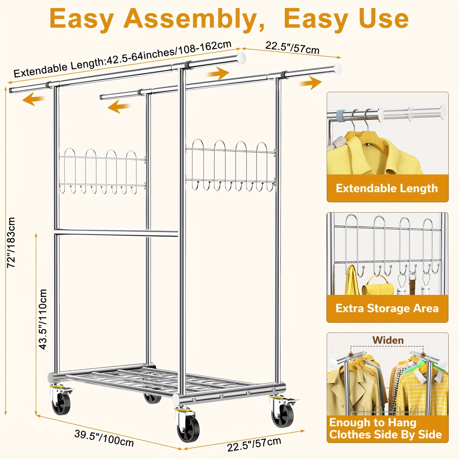 Heavy Duty 960LB Capacity Stainless Steel 3-Rod Expandable Clothes Rack ...