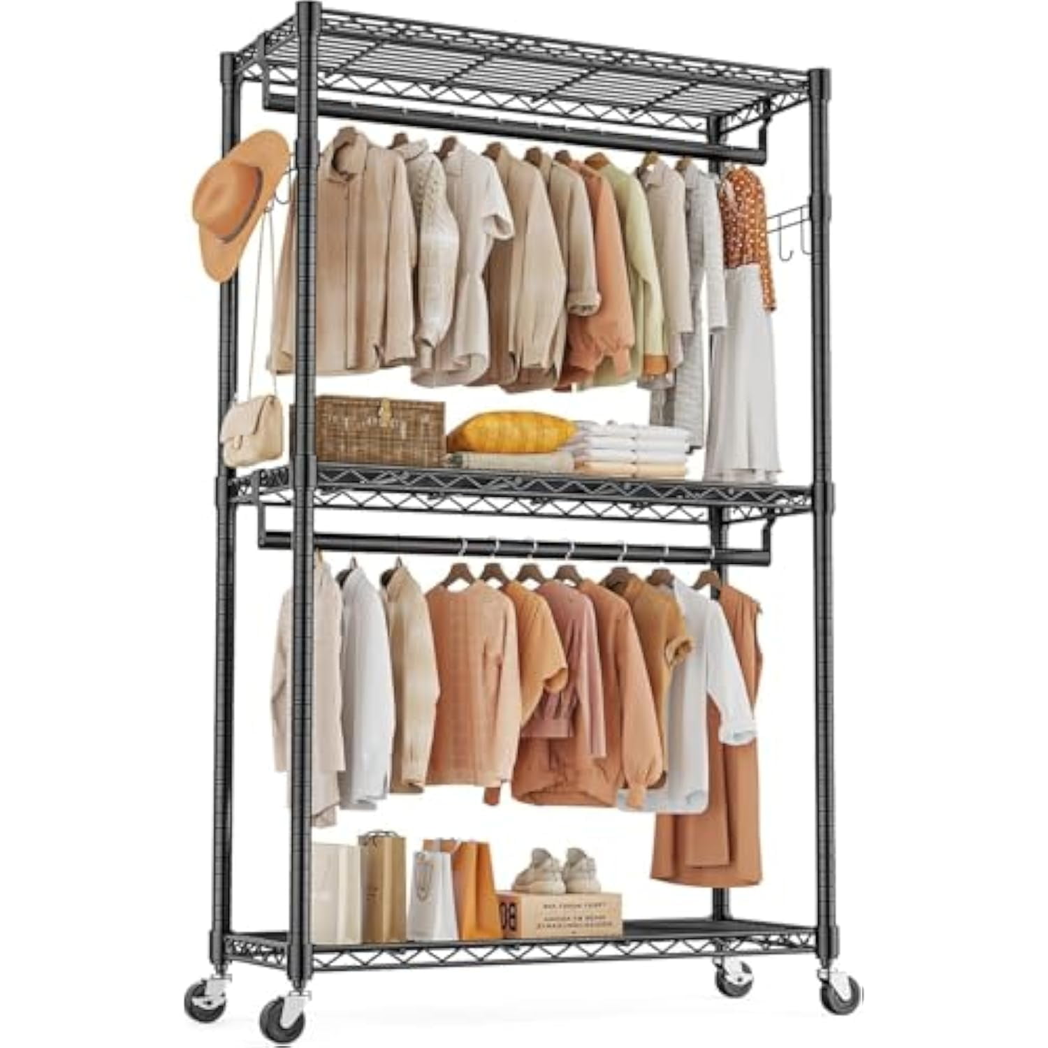 Heavy-Duty Adjustable Garment Rack with Wheels - Portable Sturdy Closet ...