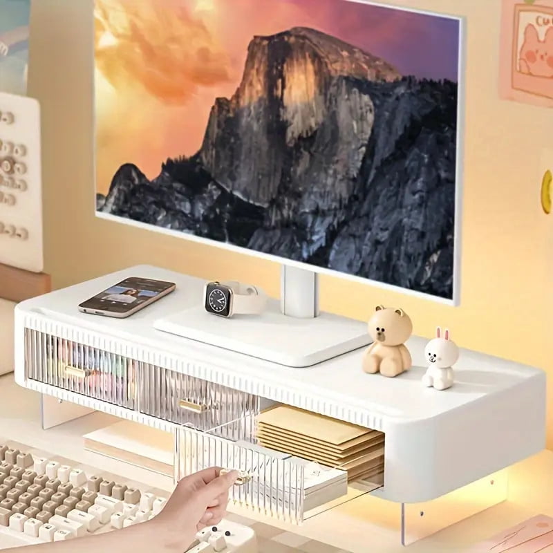 Heavy-Duty Adjustable Monitor Stand with Dual Drawers & Open Shelf ...