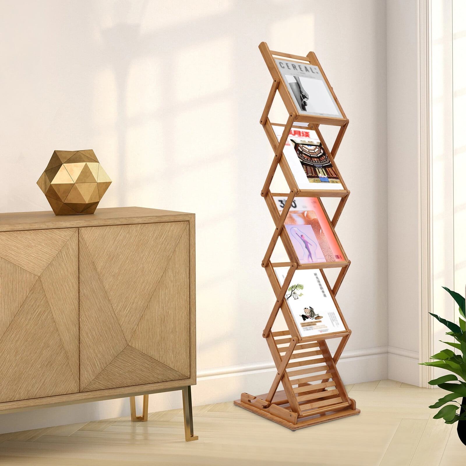Heavy Duty Bamboo Magazine Rack 5 Layers Foldable File Shelf Pop-up ...