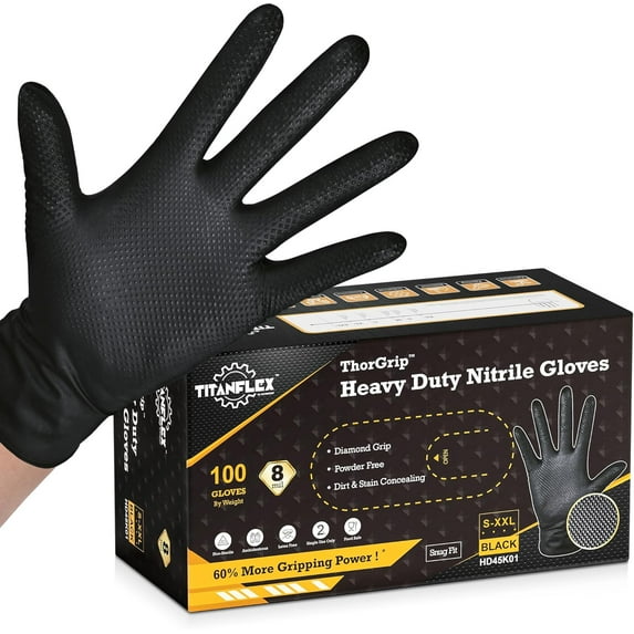 Heavy Duty Black Industrial Nitrile Gloves with Raised Diamond Texture ...