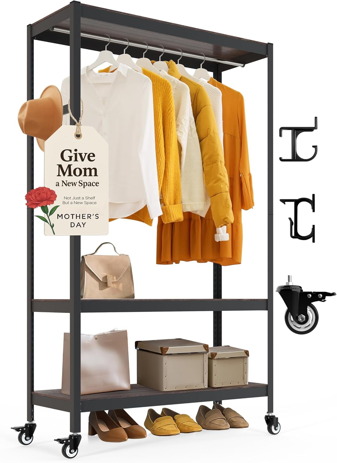 Heavy Duty Boltless Rolling Garment Rack with Wheels Shelf Adjustable ...