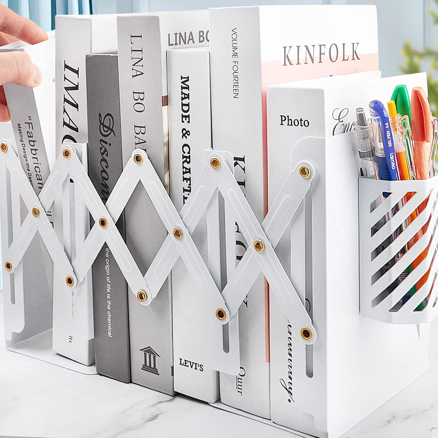 Heavy Duty Book Ends to Hold Books with Pen Holder, Adjustable Bookends ...