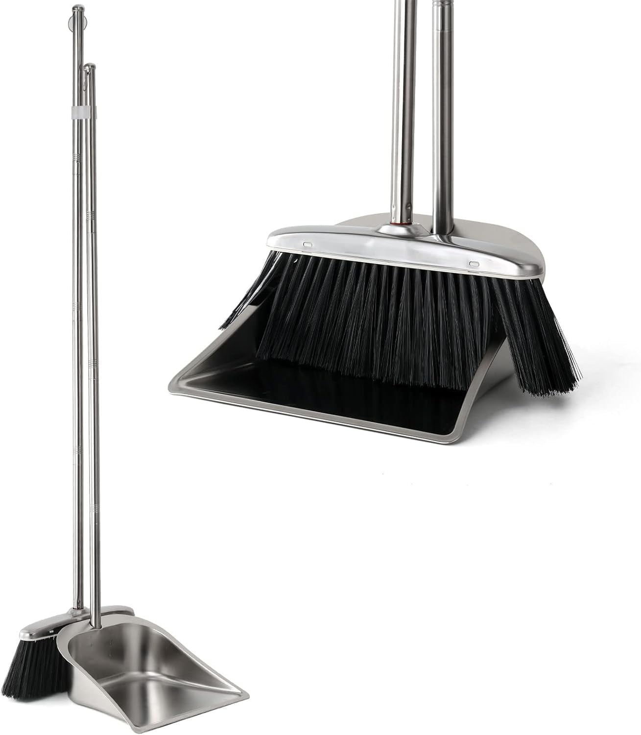 Heavy Duty Broom and Dust pan Set, Stainless Steel Broom and Dustpan Set with Long Handle, Broom ...