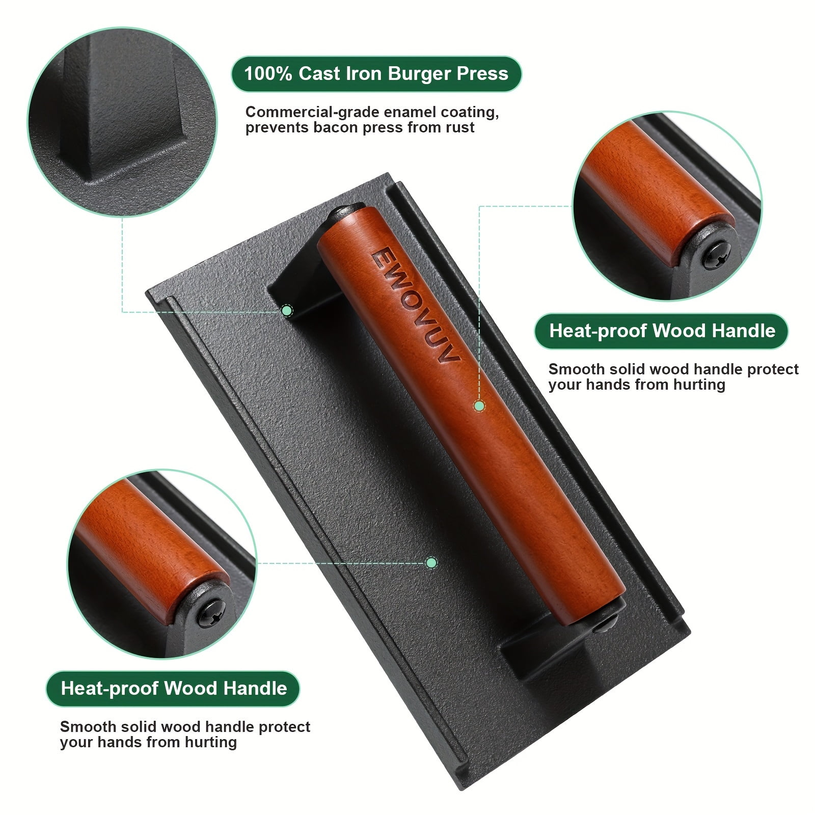 Heavy-Duty Cast Iron Hamburger Patty Makers with Wood Handle (Set of 2 ...