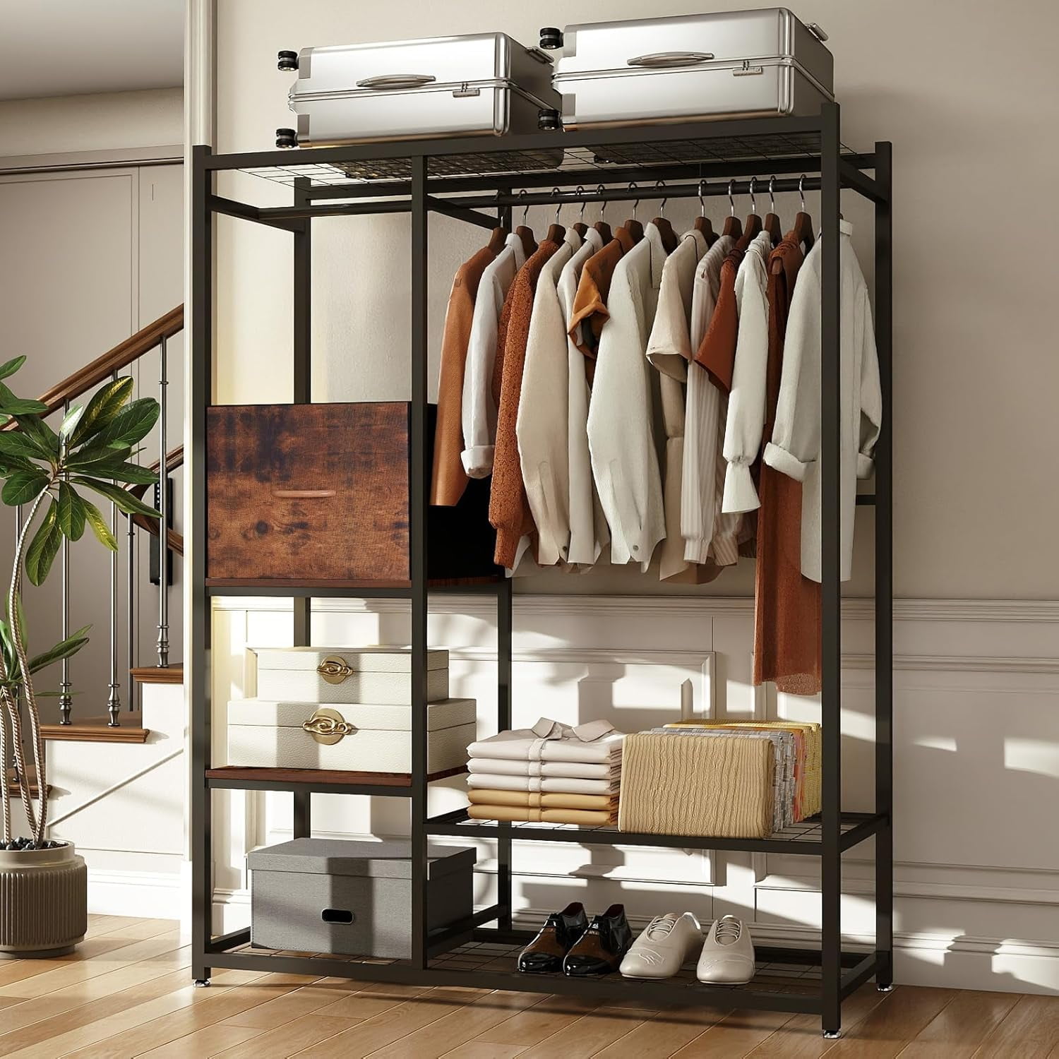 Heavy Duty Clothes Rack with 4 Shelves & Drawer, 550 lbs 48" Freestanding Wardrobe Closet ...