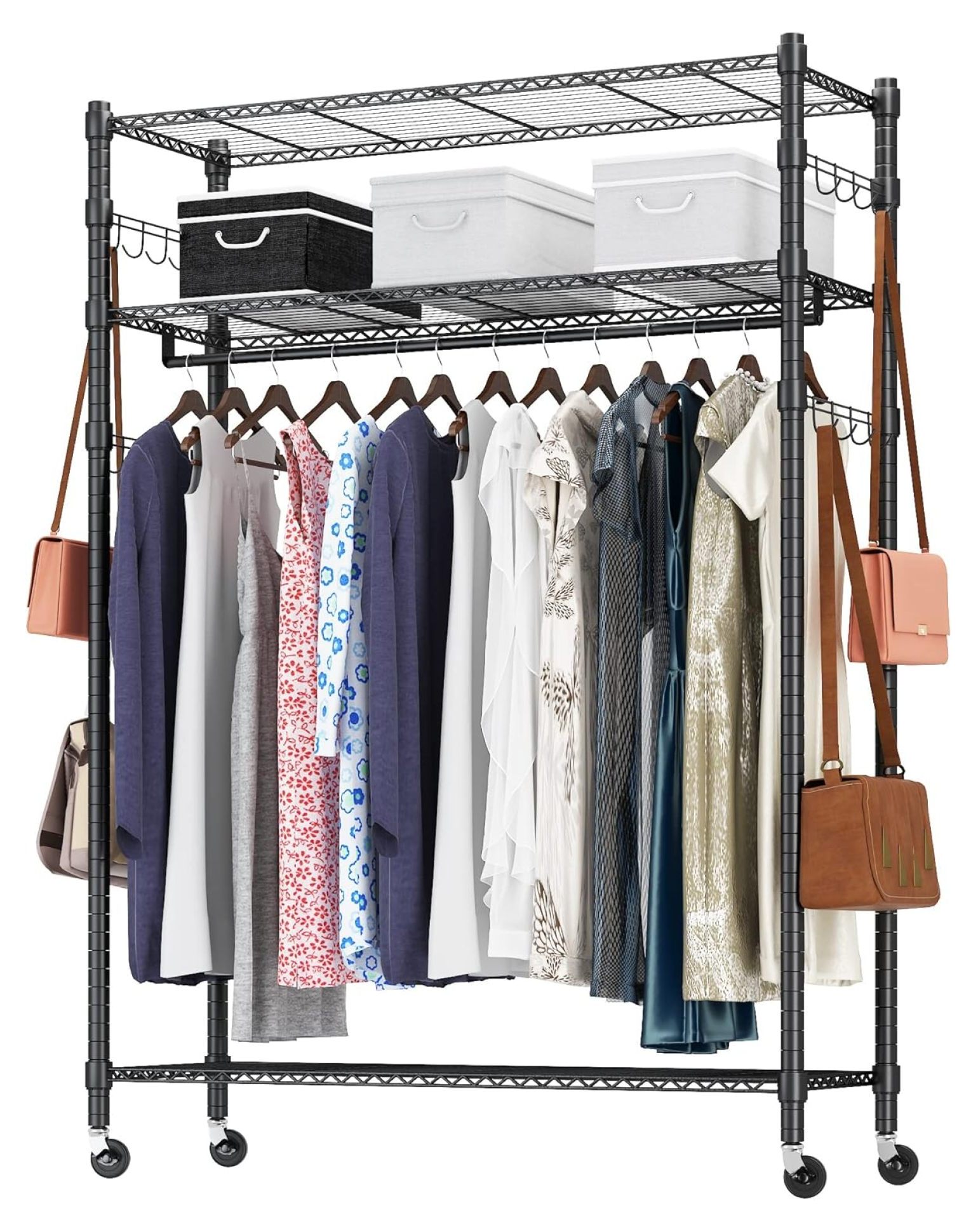 Heavy Duty Clothes Rack, Adjustable Rolling Garment Rack with Shelves ...