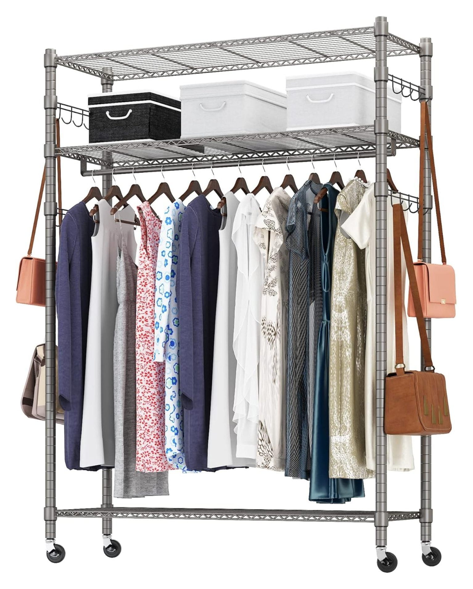 Heavy Duty Clothes Rack, Adjustable Rolling Garment Rack with Shelves ...