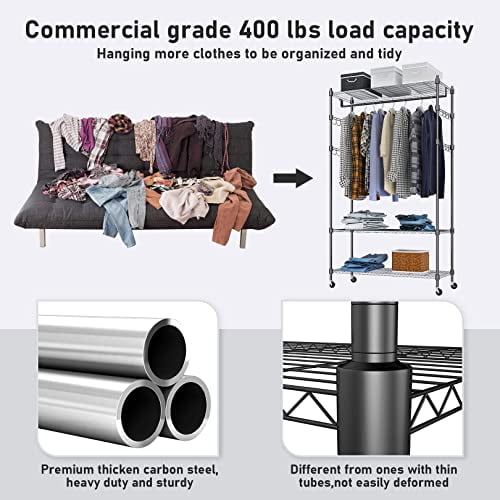 Heavy Duty Clothes Rack, Adjustable Rolling Garment Rack with Shelves ...