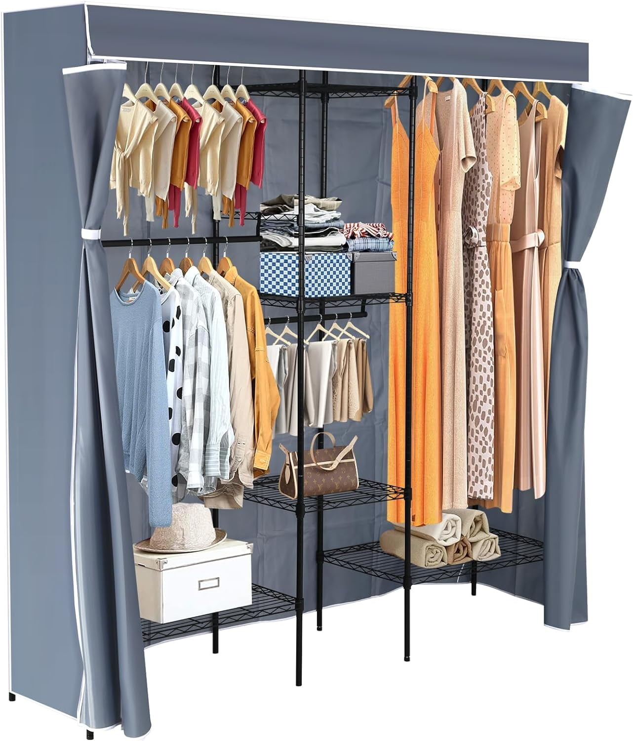 Heavy Duty Clothes Rack with Cover, Metal Garment Rack Adjustable ...