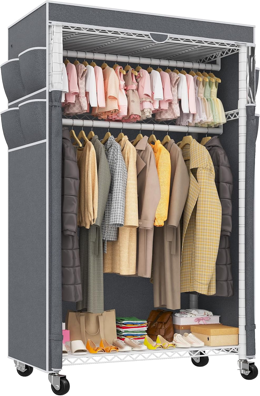 Heavy Duty Clothes Rack with Cover Adjustable Rolling Clothing Rack ...