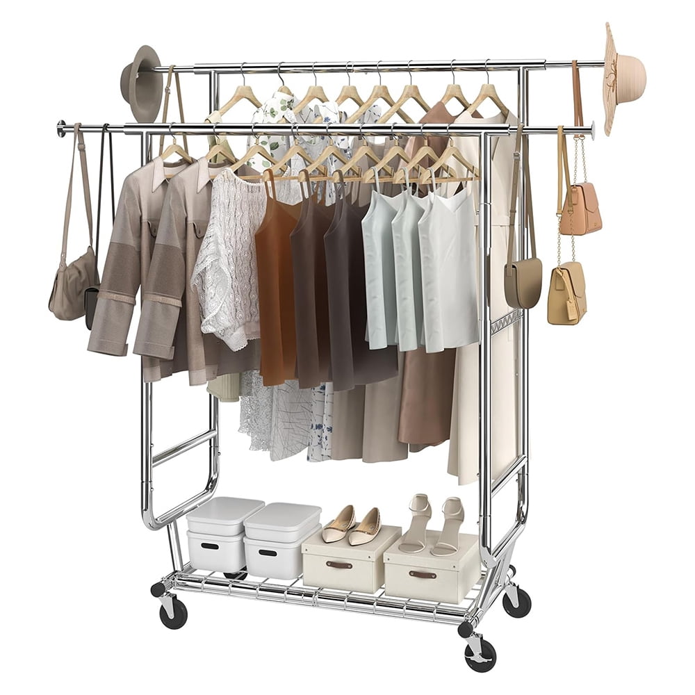 Heavy Duty Clothes Rack, Double Hanging Rod Clothing Garment Rack with ...