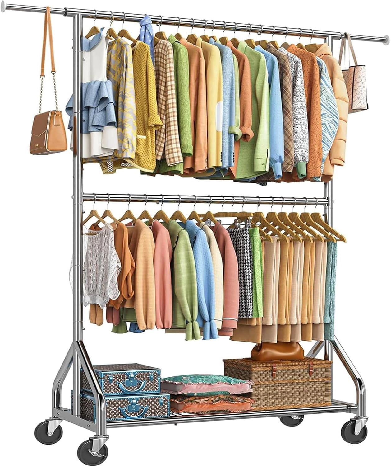 Heavy Duty Clothes Rack, Double Rod Clothing Rack for Hanging Clothes ...