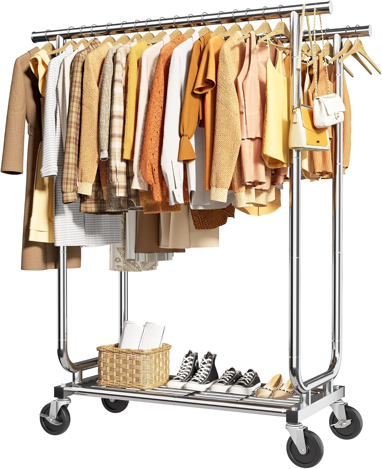 Heavy-Duty Clothes Rack - Double-Rod Stainless Steel Garment Rack with ...