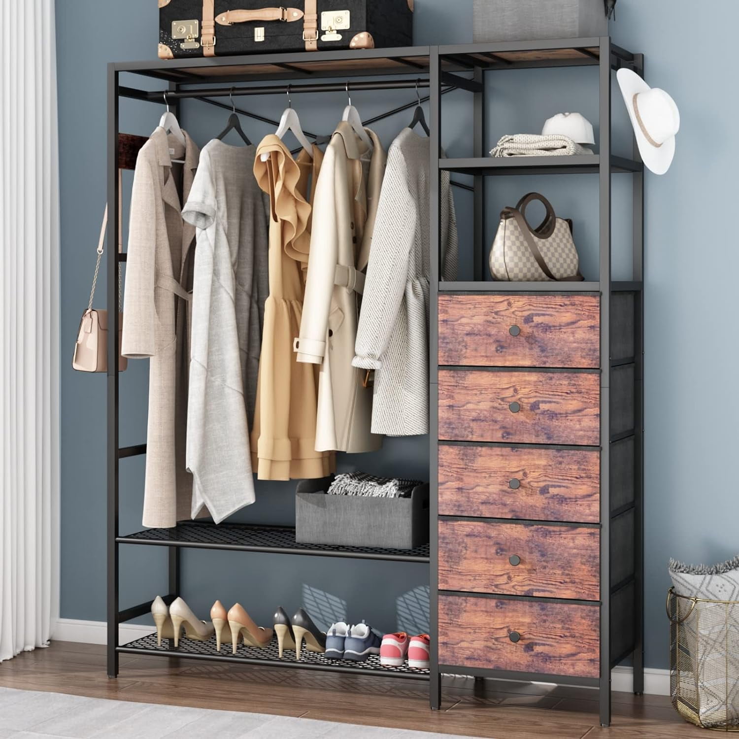 Heavy Duty Clothes Rack for Hanging Clothes with 5 Shelves & 5 Drawers ...