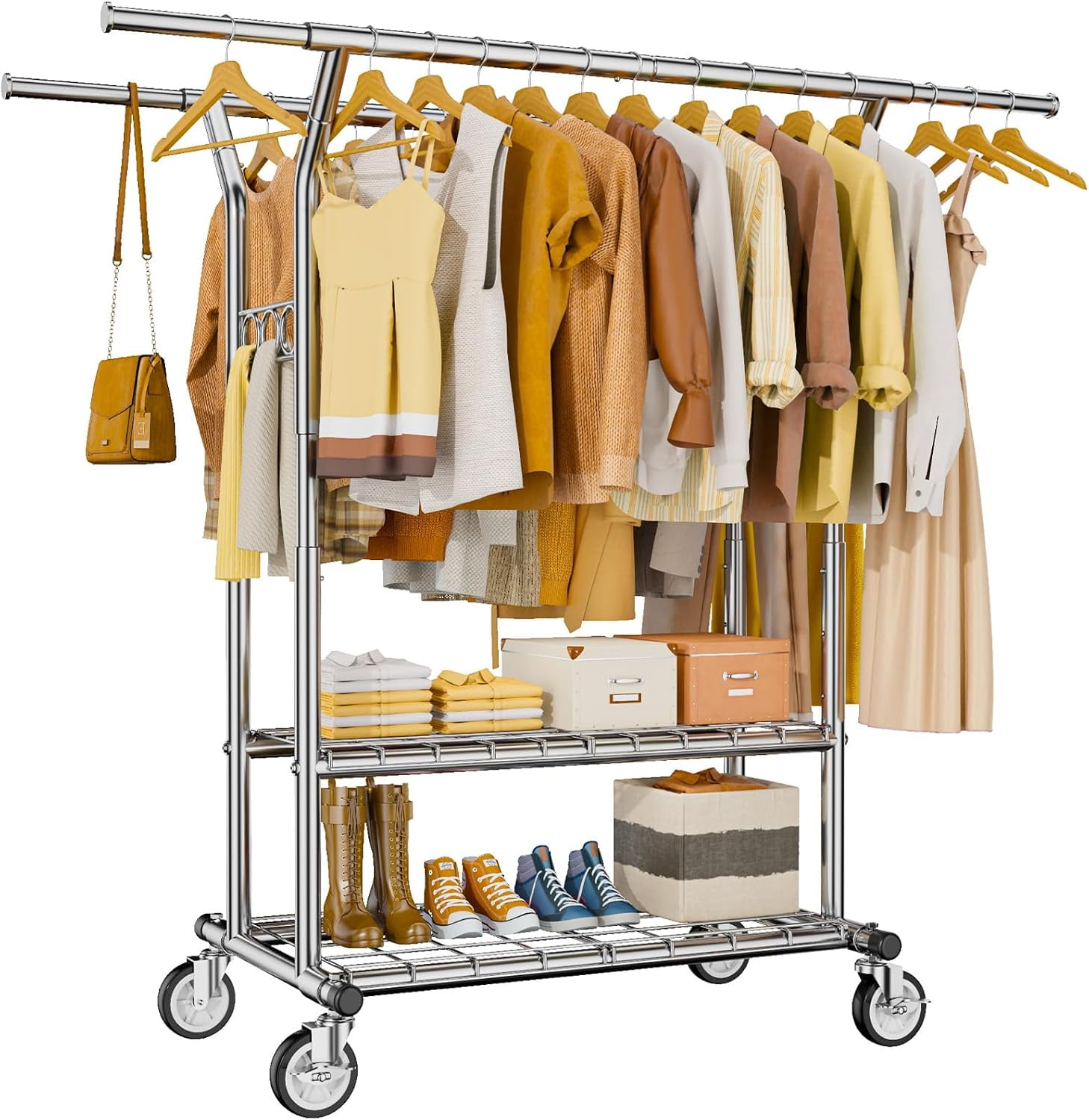 Heavy Duty Clothes Rack, Rolling Clothing Rack With Shelves Load 620 ...