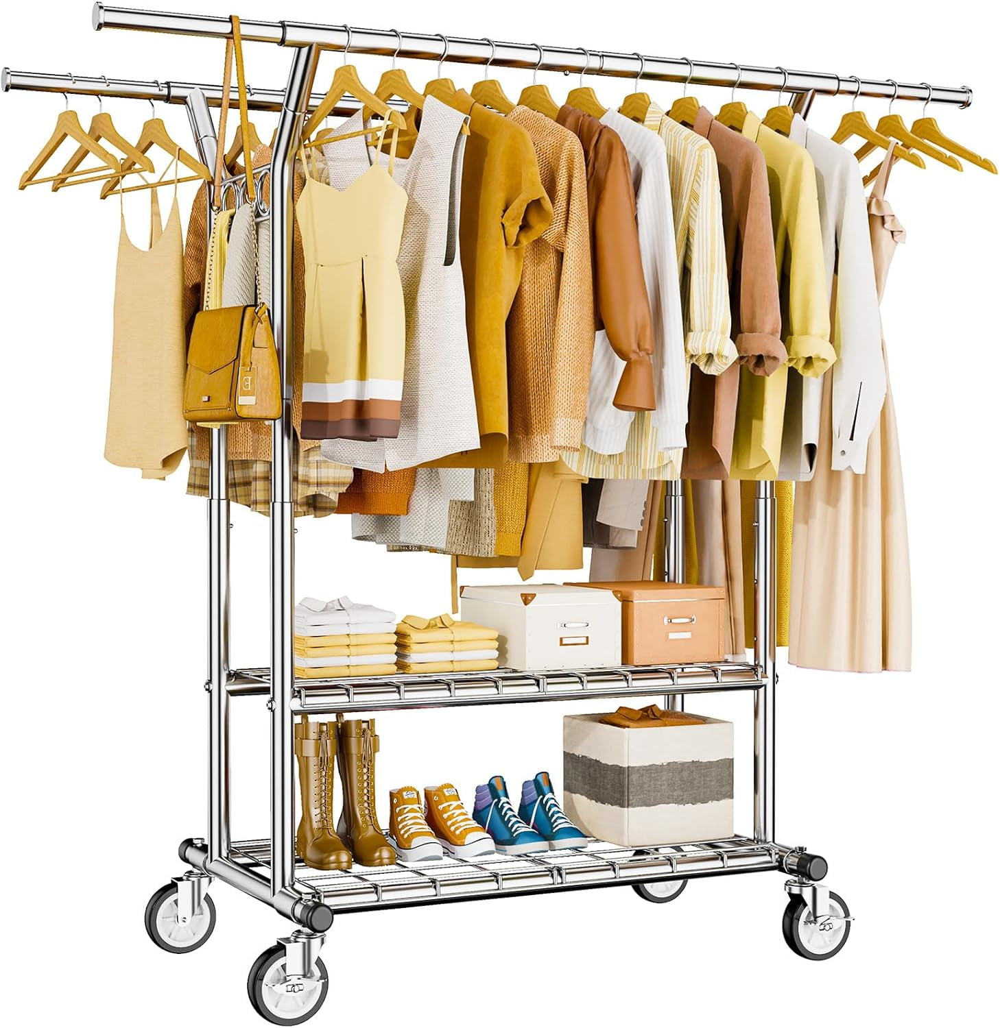 Heavy Duty Clothes Rack, Rolling Clothing Rack With Shelves Load 620 ...