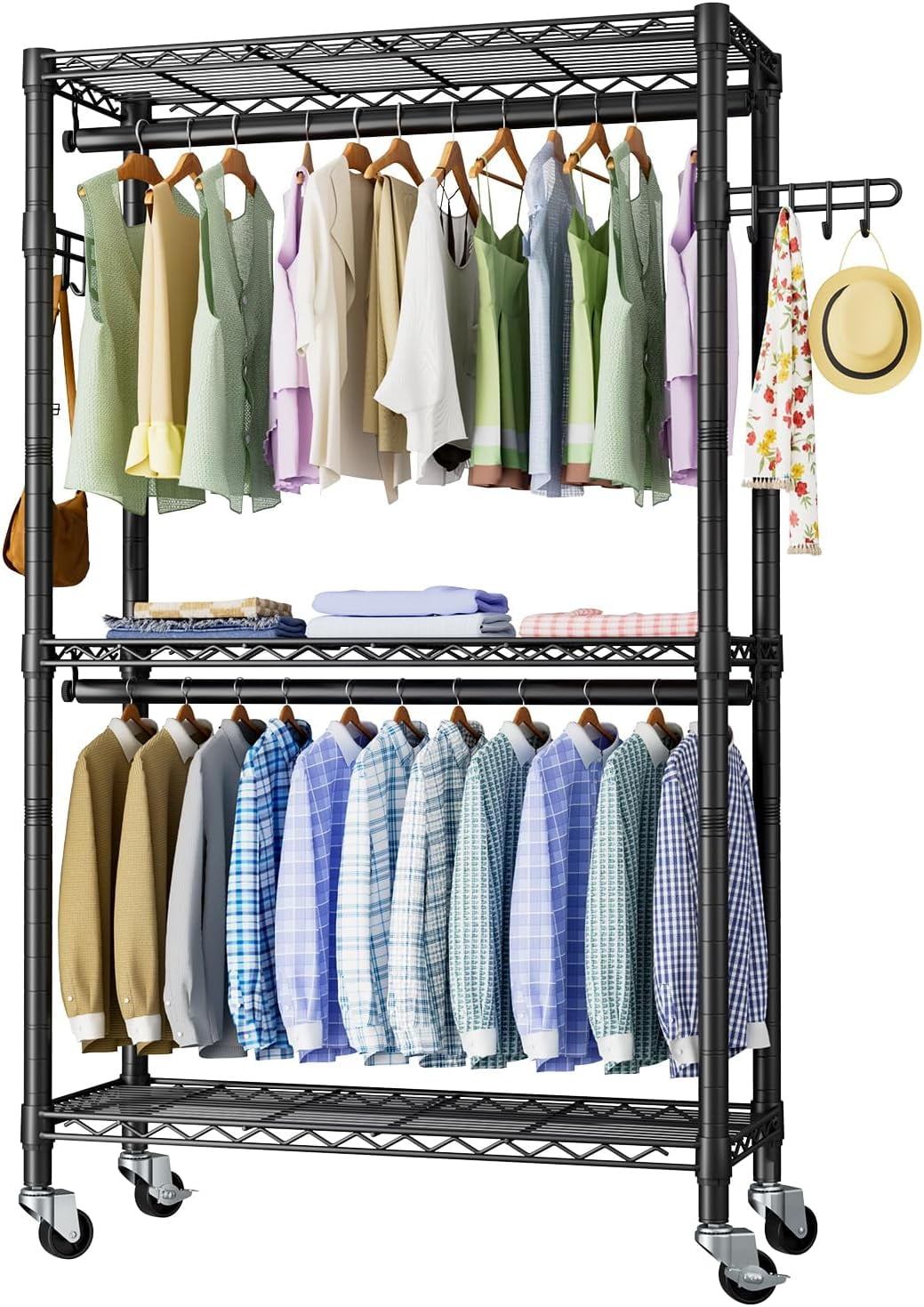Heavy Duty Clothes Rack Rolling Garment Rack,3 Tier Adjustable Wire ...