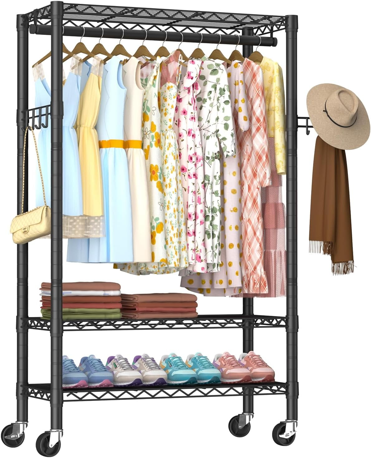 Heavy Duty Clothes Rack Rolling Garment Rack,3 Tier Adjustable Wire ...