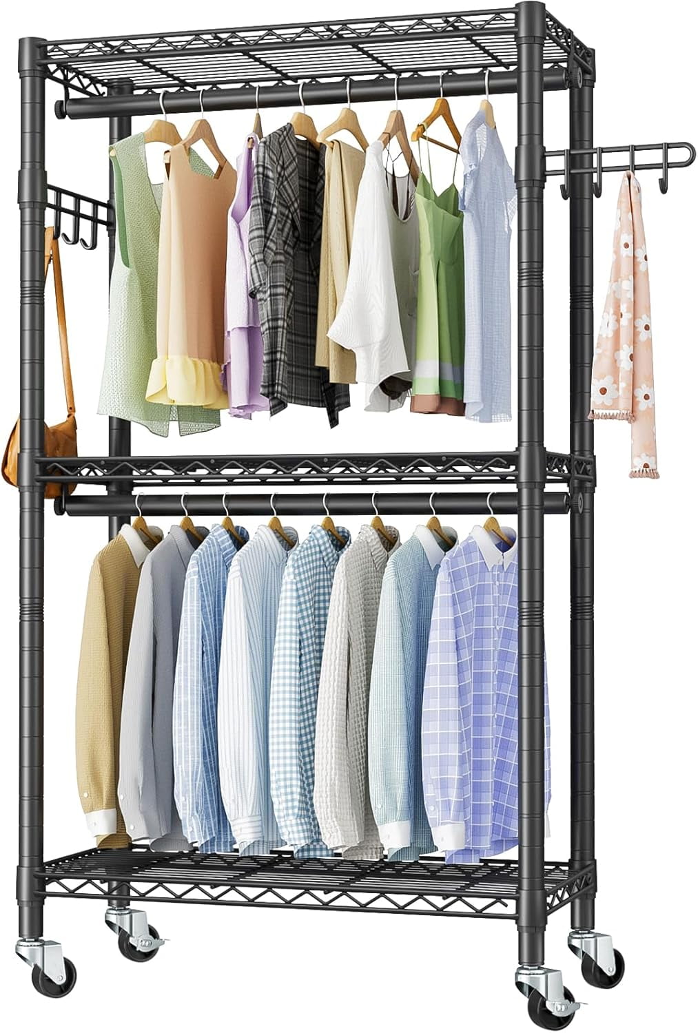 Heavy Duty Clothes Rack Rolling Garment Rack,3 Tier Adjustable Wire ...