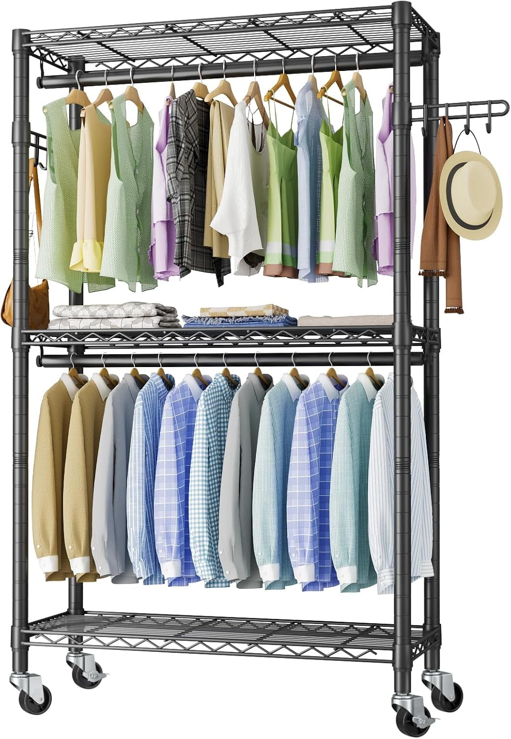 Heavy Duty Clothes Rack Rolling Garment Rack,3 Tier Adjustable Wire ...