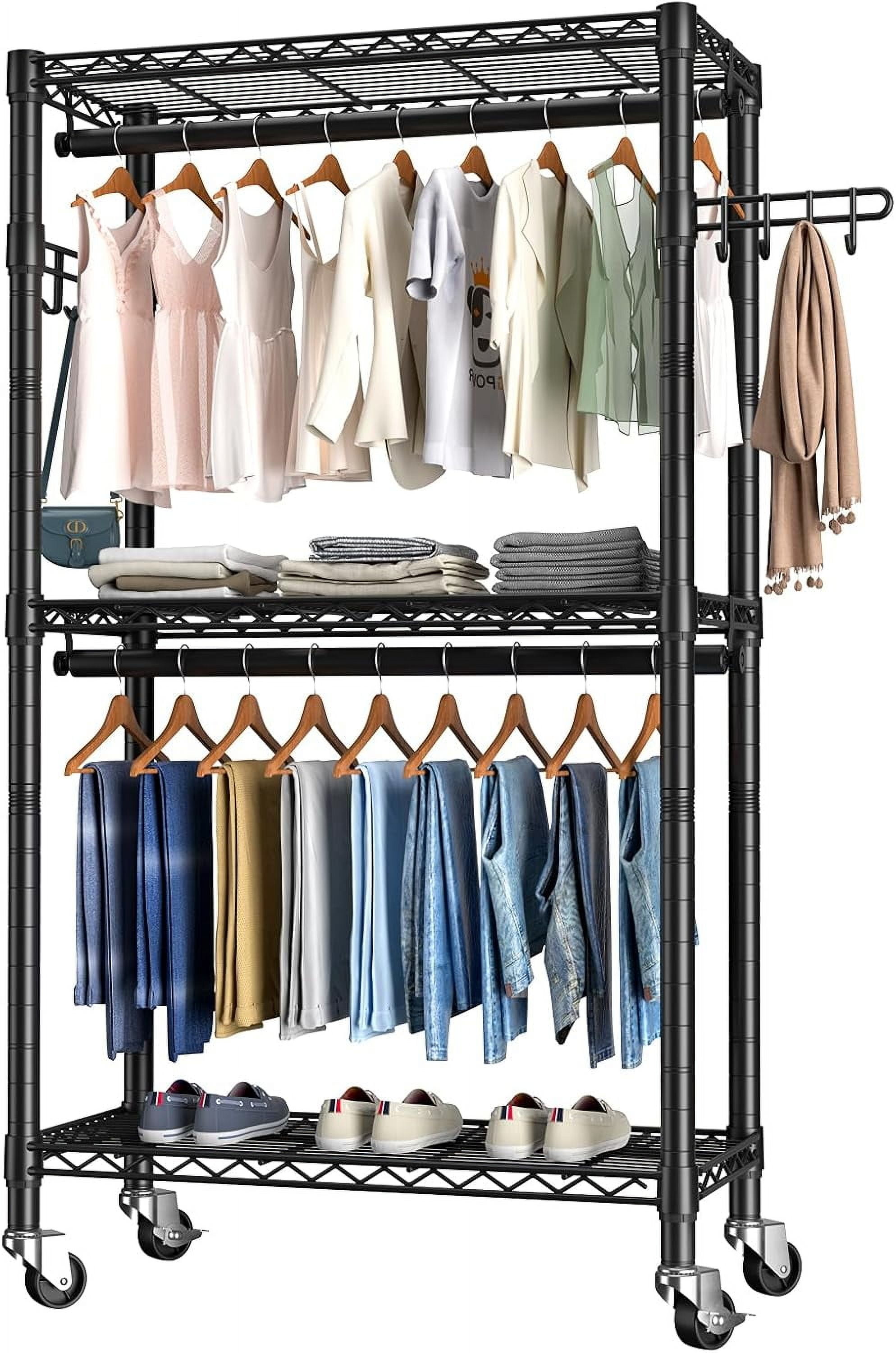 Heavy Duty Clothes Rack Rolling Garment Rack,3 Tier Adjustable Wire ...