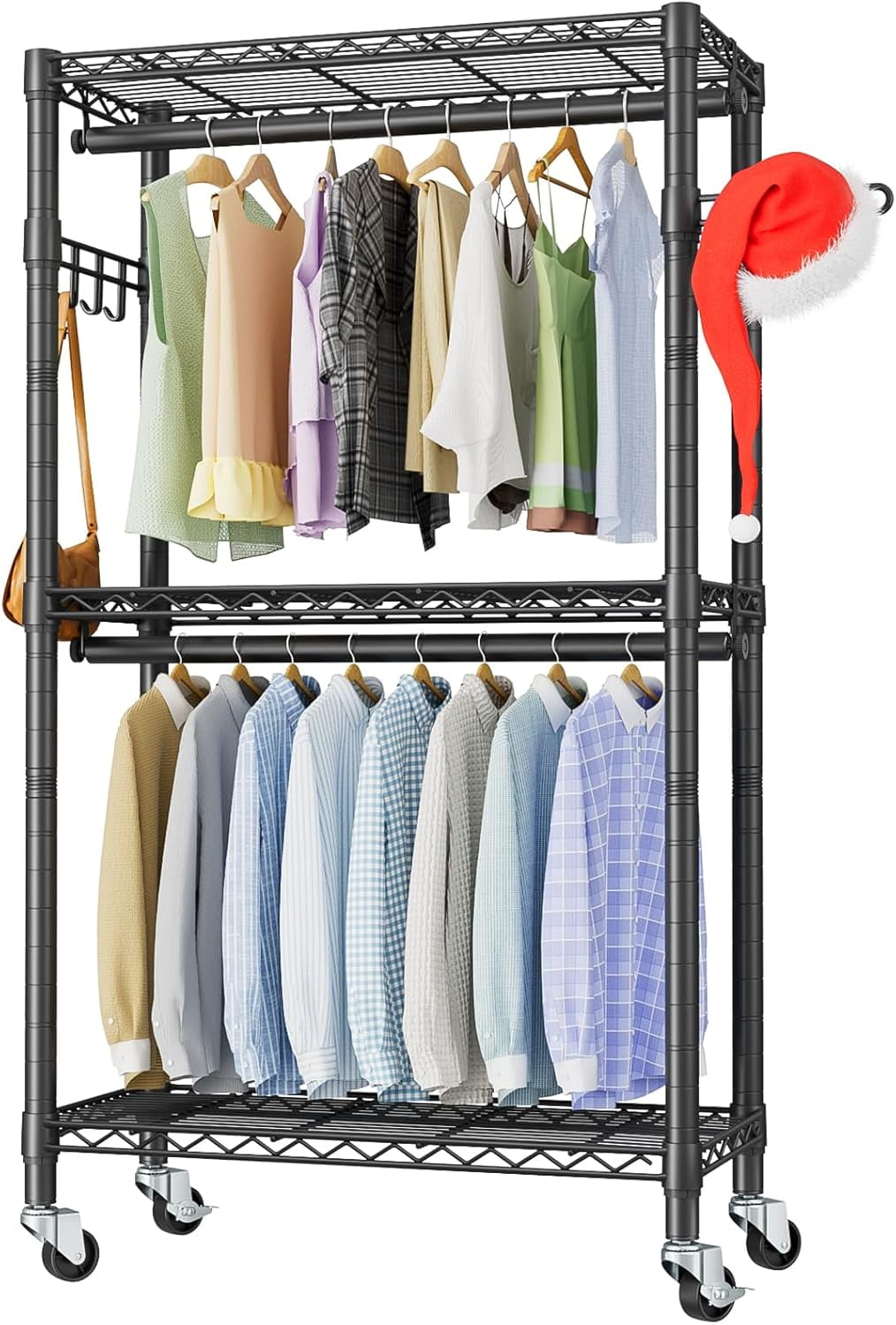Heavy Duty Clothes Rack Rolling Garment Rack,3 Tier Adjustable Wire ...