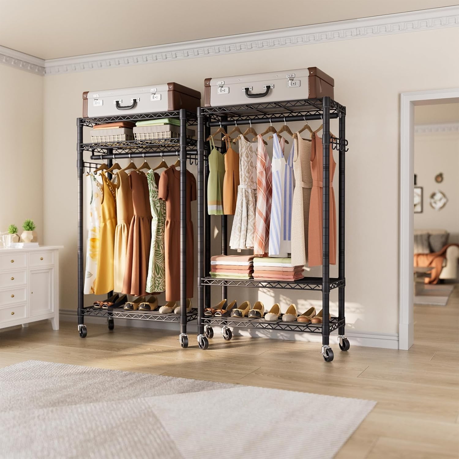 Heavy Duty Clothes Rack Rolling Garment Rack, 3 Tier Adjustable Wire ...