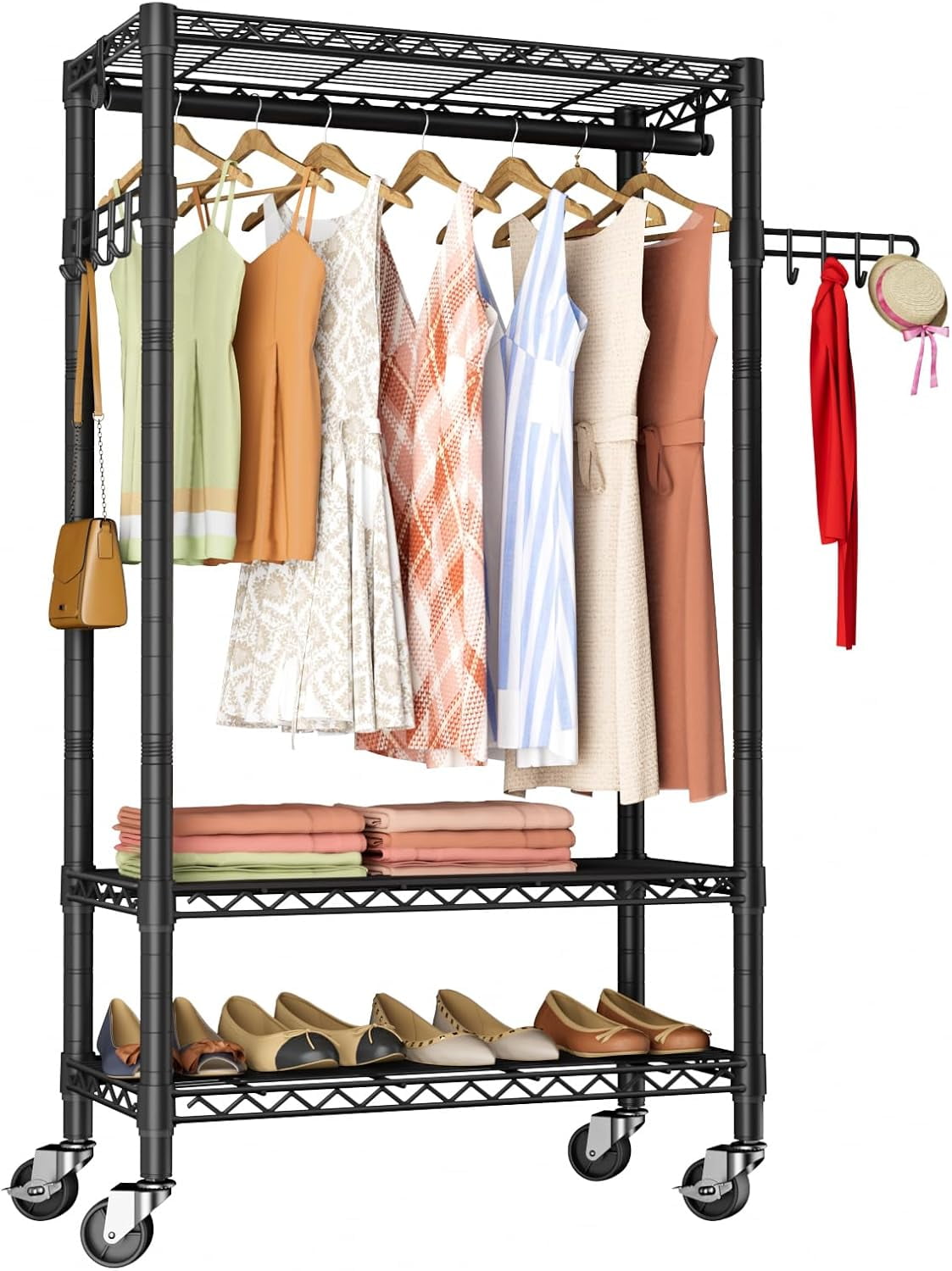 Heavy Duty Clothes Rack Rolling Garment Rack,3 Tier Adjustable Wire ...