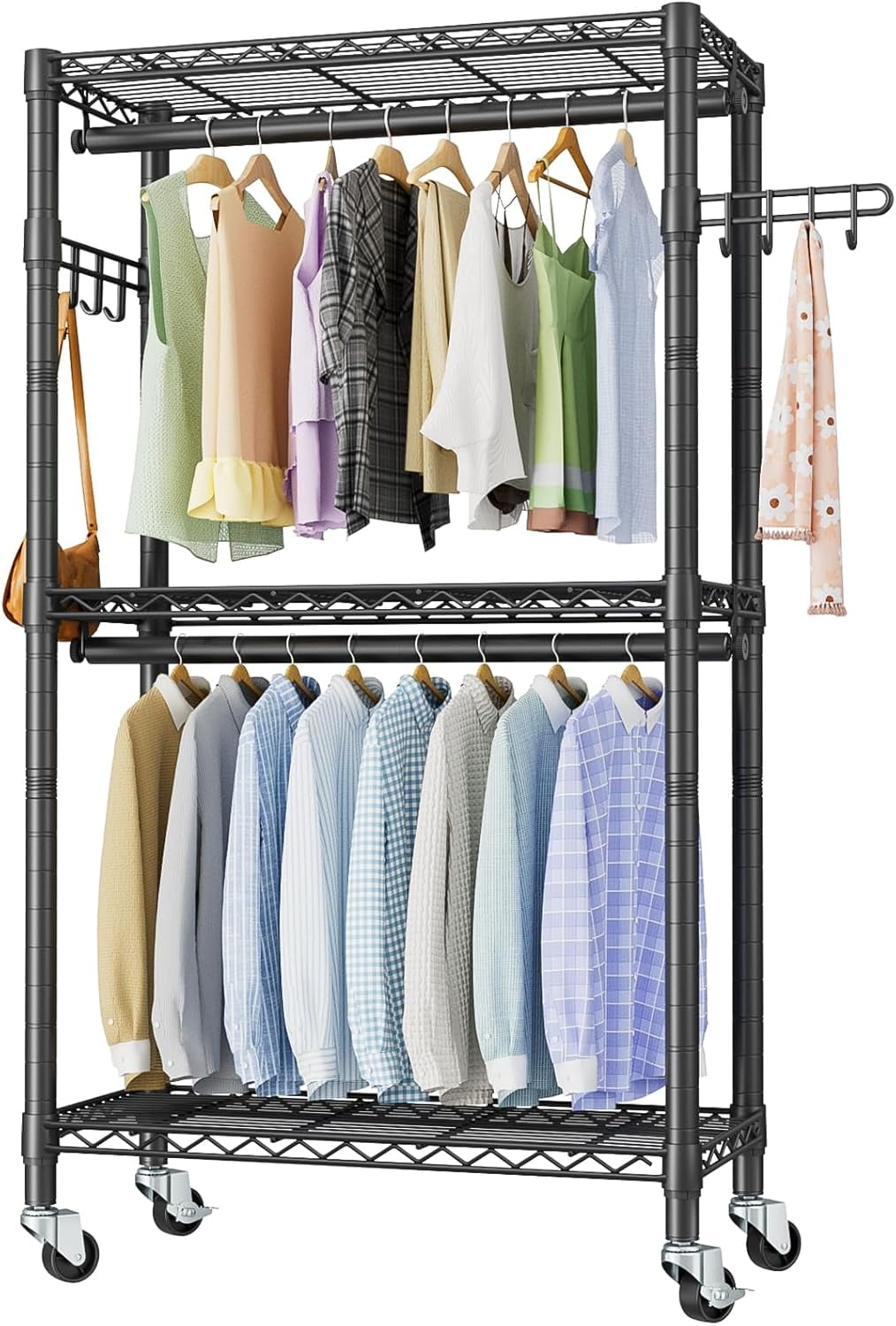 Heavy Duty Clothes Rack Rolling Garment Rack,3 Tier Adjustable Wire ...