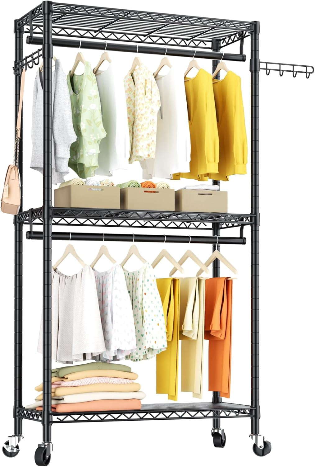 Heavy Duty Clothes Rack Rolling Garment Rack,3 Tier Adjustable Wire ...
